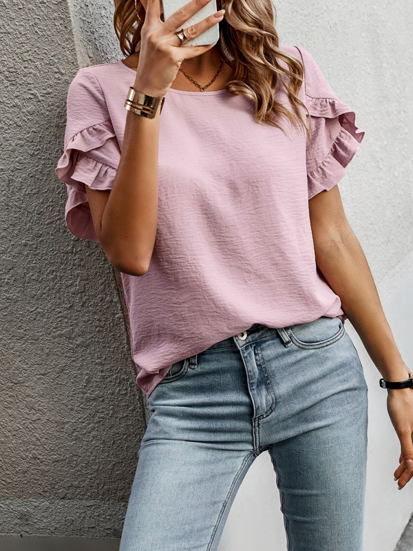 Solid Ruffle Trim Petal Sleeve Blouse | SHEIN USA