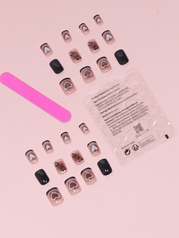 Get Glamorous with 24pcs Short Square Black Blush French Heart Pattern ...