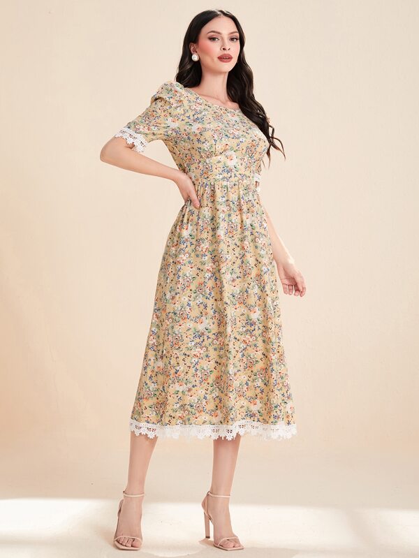 Shein Mulvari Ditsy Floral Print Guipure Lace Trim Puff Sleeve Dress