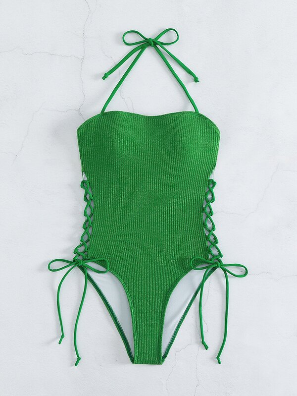 Lace Up Side Halter One Piece Swimsuit Shein Usa