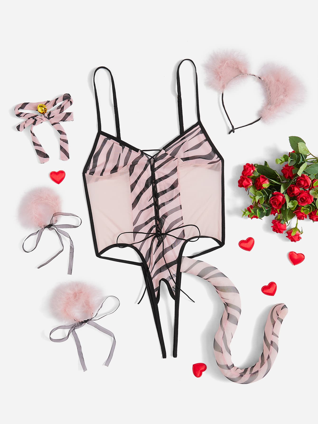 6pack Tiger Skin Print Lace Up Front Animal Costume Teddy Bodysuit Set