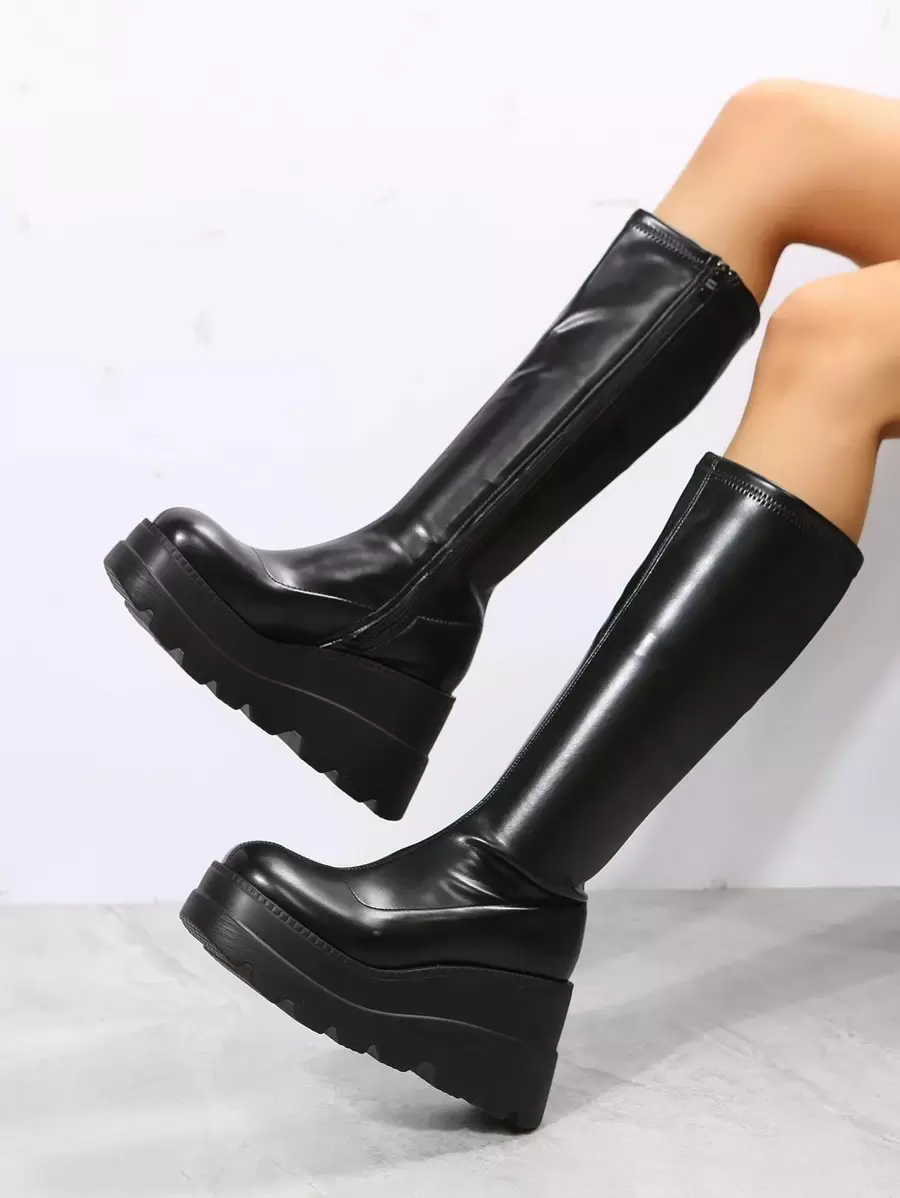 Women Square Toe Wedge Boots, Punk Black Wedge Boots | SHEIN USA