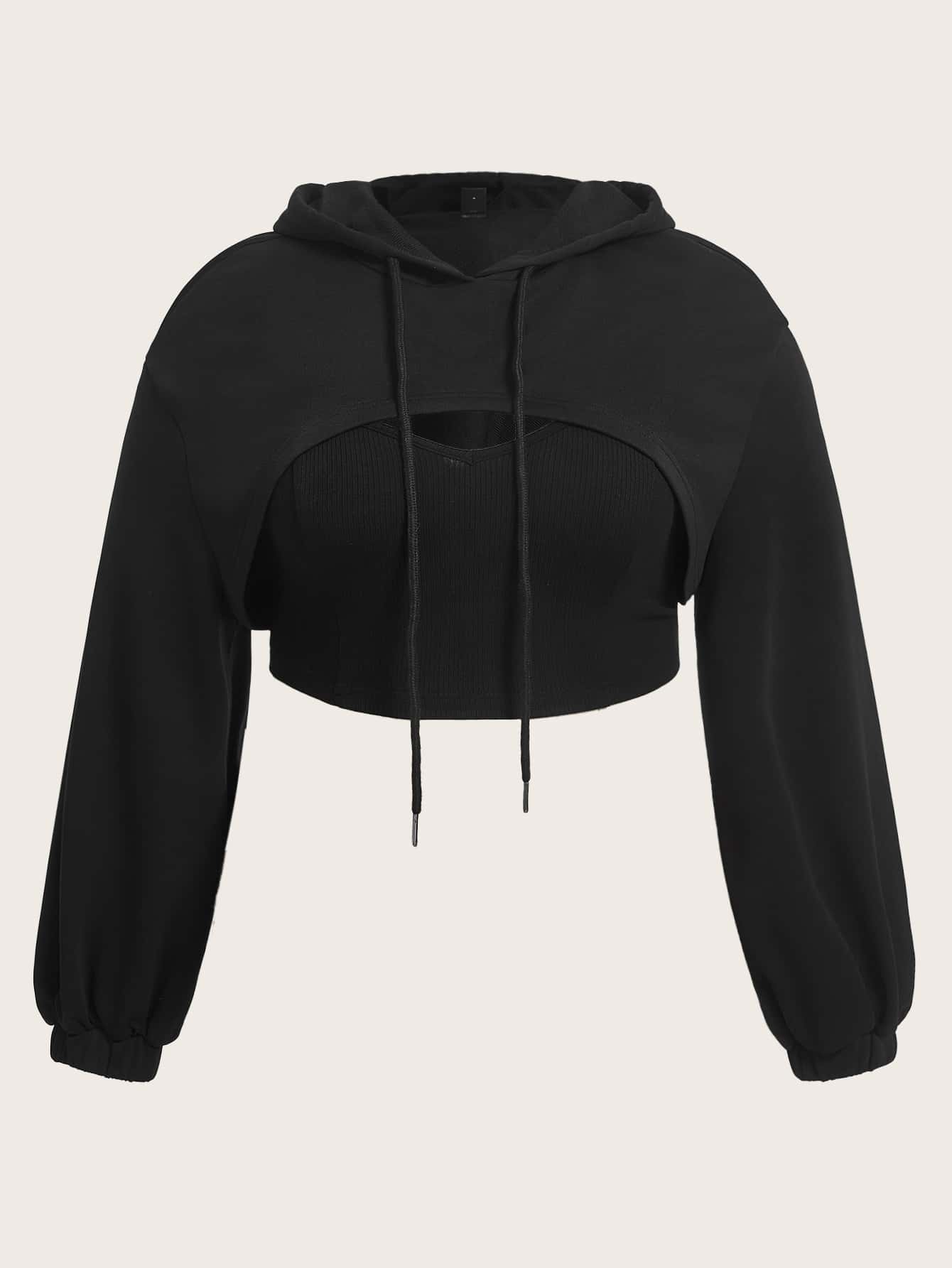 SHEIN Coolane Plus Drop Shoulder Super Crop Drawstring Hoodie With Cami Top | SHEIN USA