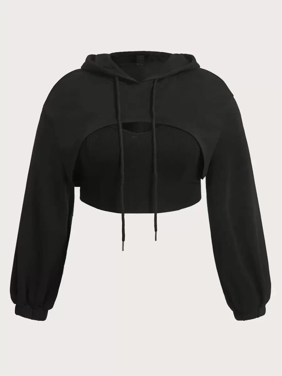 SHEIN EZwear Plus Drop Shoulder Super Crop Drawstring Hoodie With Cami Top | SHEIN USA