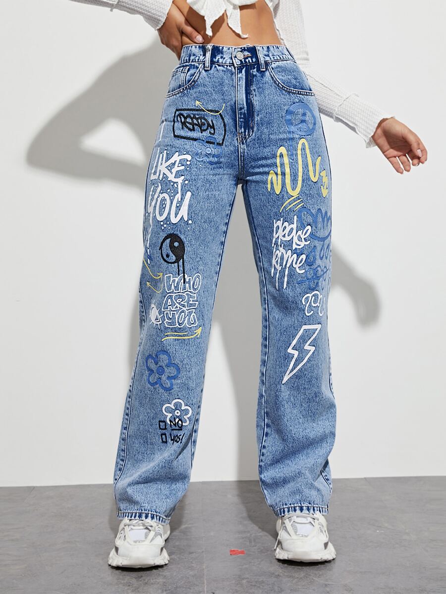 Slogan & Floral Print Jeans | SHEIN USA