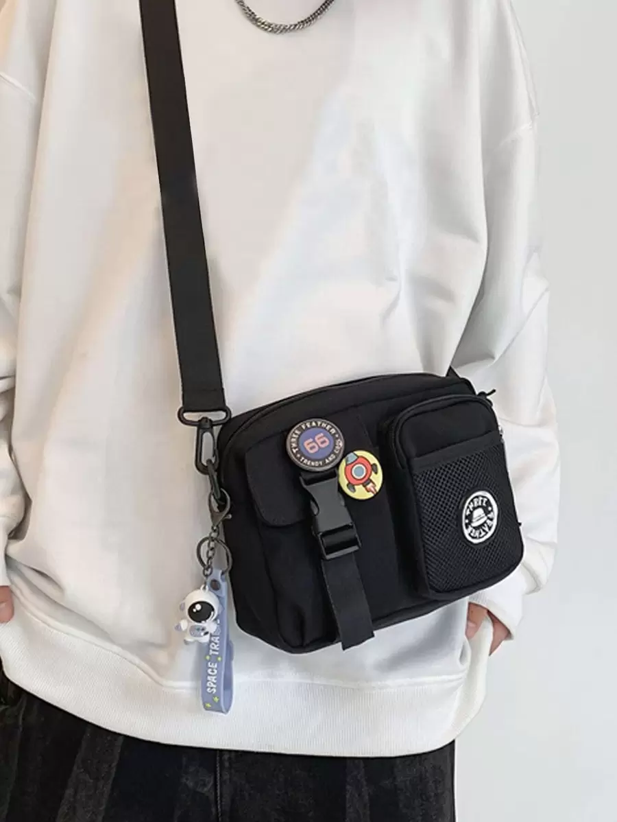 Random Color Badge Decor Release Buckle Square Bag With Bag Charm ...