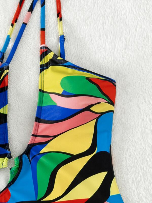 Patchwork Print Cut Out One Shoulder One Piece Swimsuit Shein Usa