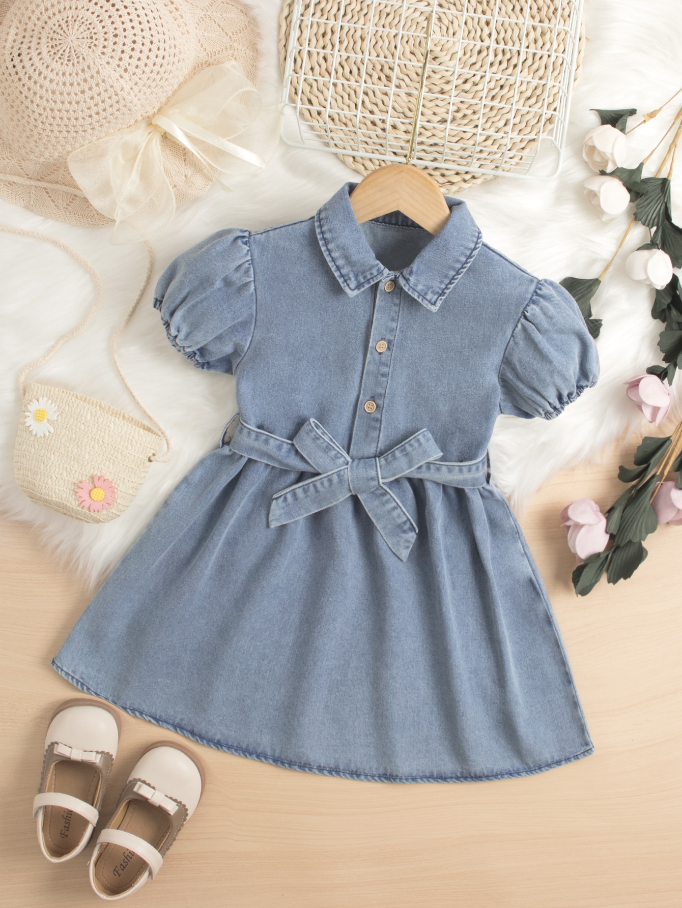 Toddler Girls Puff Sleeve Button Front Denim Dress | SHEIN USA