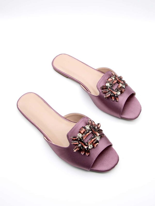 Women Gemstone & Rhinestone Decor Single Band Slide Sandals, Glamorous ...