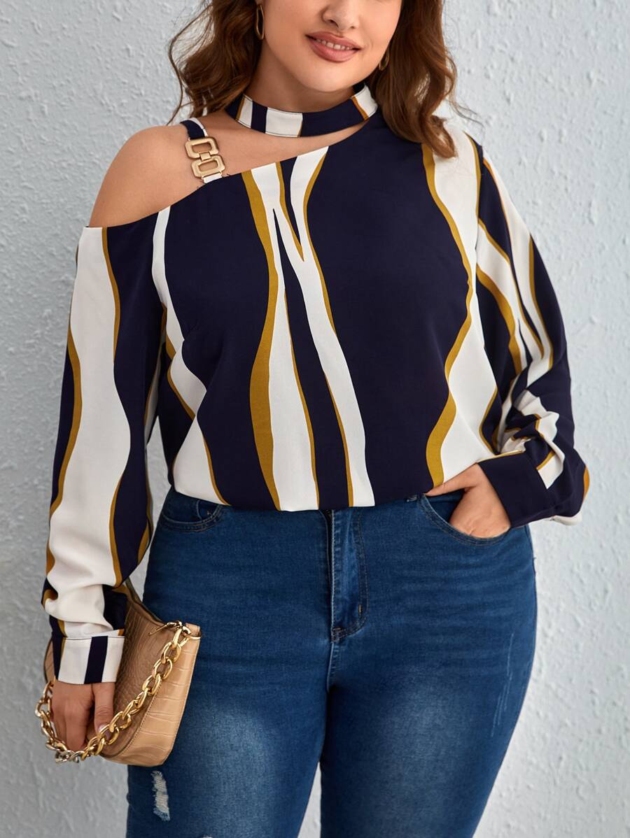 SHEIN Clasi Plus Colorblock Asymmetrical Neck Chain Detail Blouse ...
