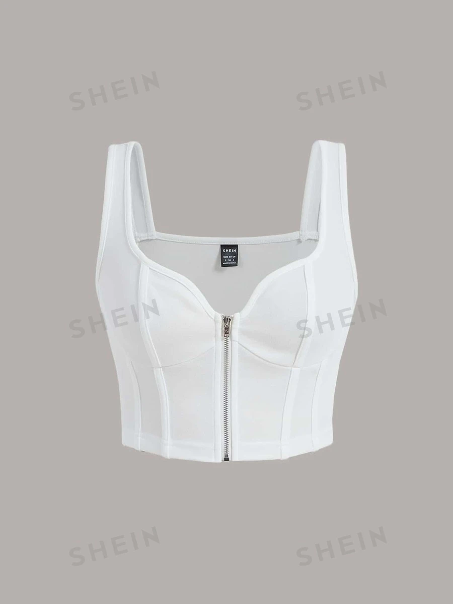 SHEIN ICON Solid Zip Up Crop Wide Straps Corset Top | SHEIN UK