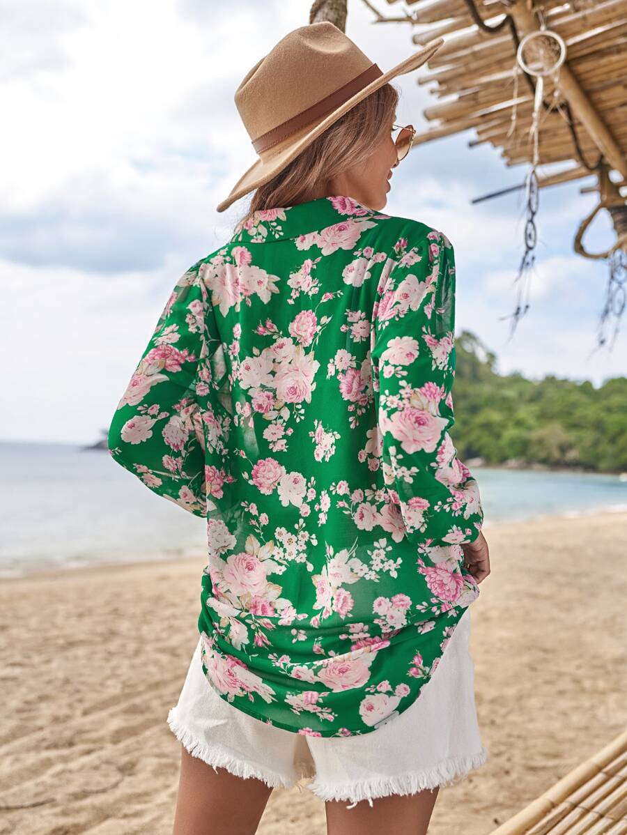 SHEIN VCAY Boho Bloemen Volledig geprint Blouse Voorpand met Knoopjes | SHEIN Nederland