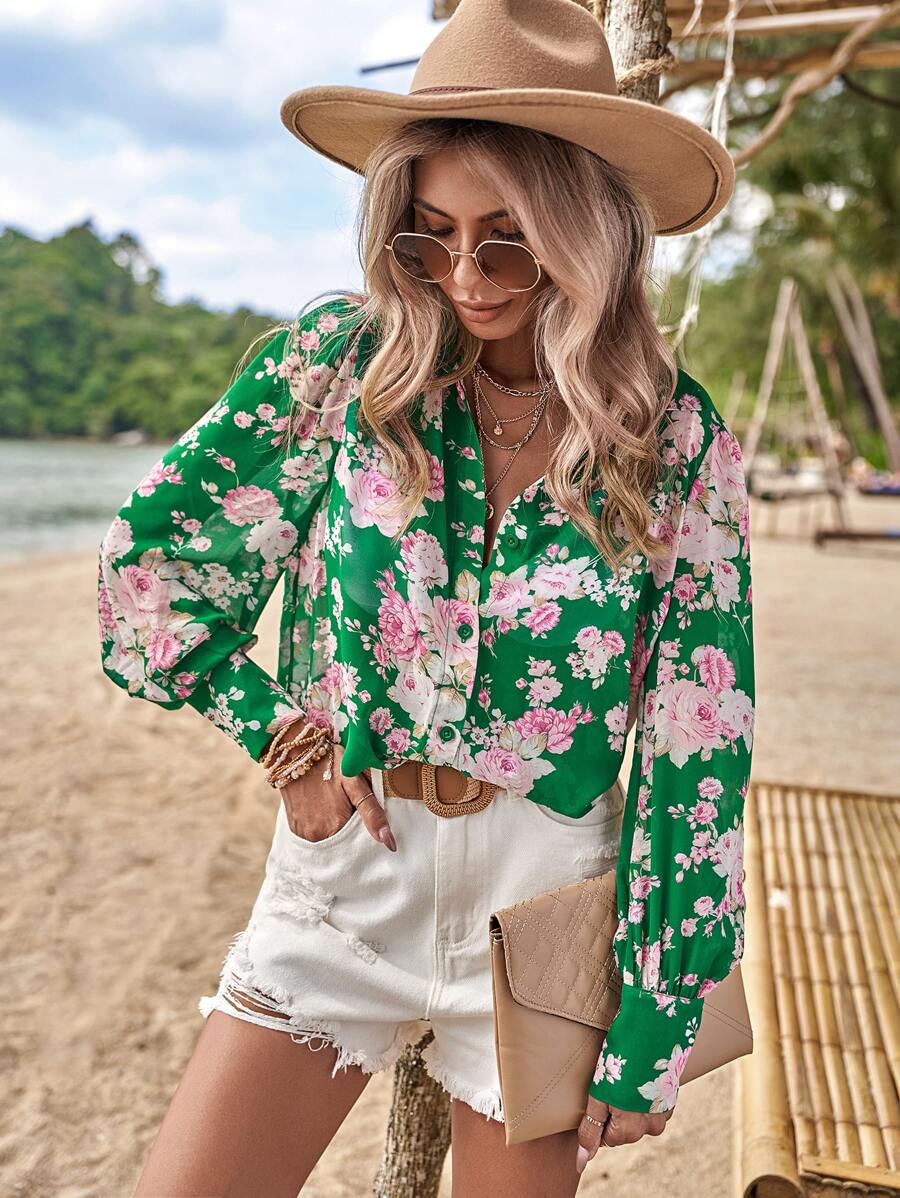 SHEIN VCAY Boho Bloemen Volledig geprint Blouse Voorpand met Knoopjes | SHEIN Nederland