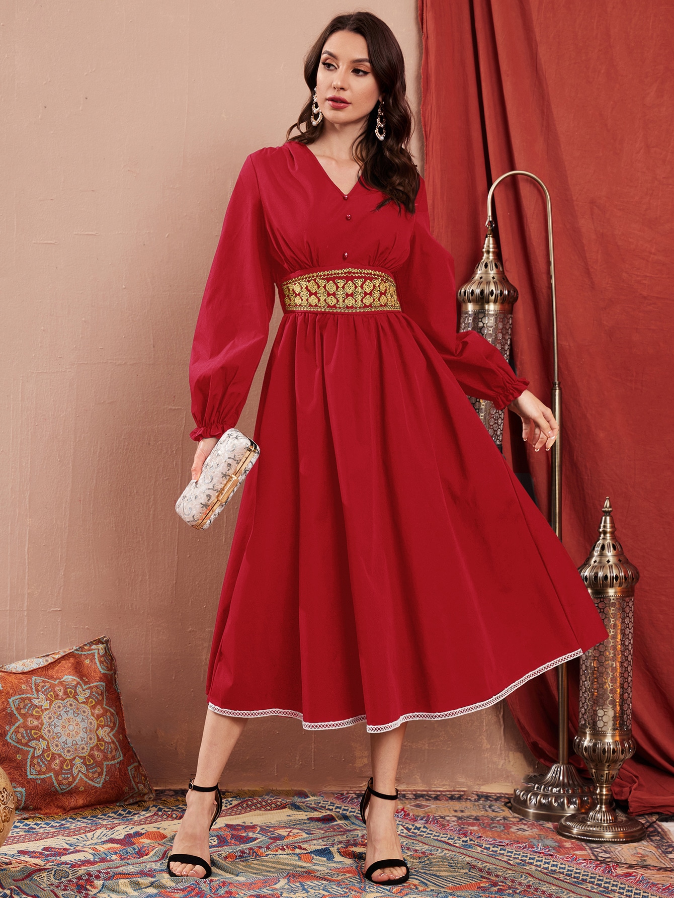 Shein Mulvari Embroidery Shirred Waist Lantern Sleeve Dress | Shein