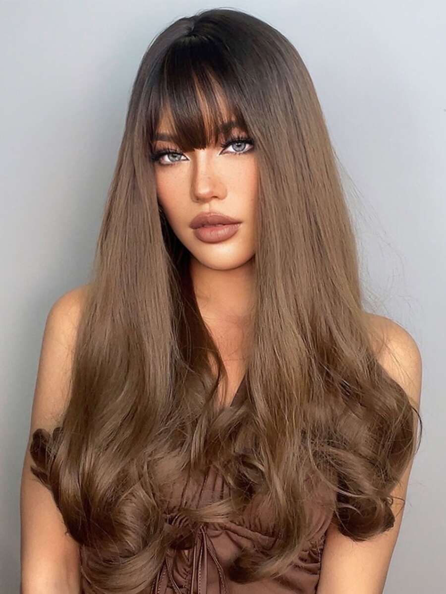 Haircube 26 Inch Long Wigs With Bangs Brown Curly Wigs With Dark Root For Women Synthetic Wigs