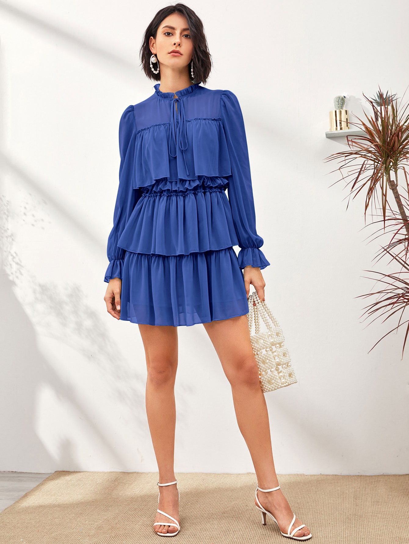 Shein Privé Tie Neck Ruffle Trim Layered Dress Shein Eur