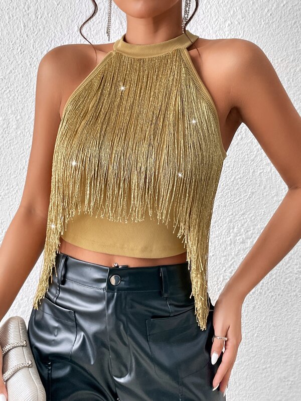 SHEIN BAE Fringe Trim Crop Halter Top | SHEIN USA