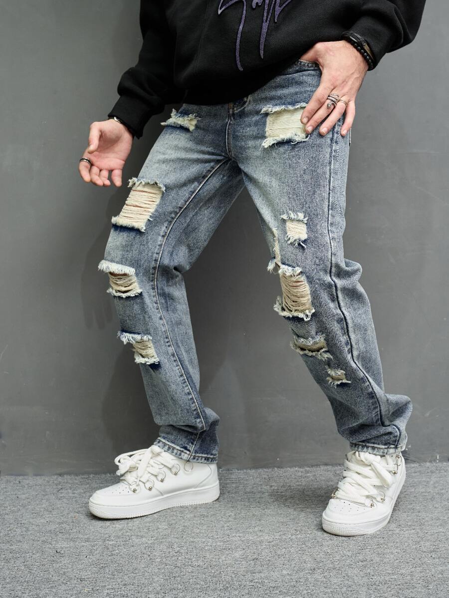 Manfinity EMRG Men Cotton Ripped Straight Leg Jeans Baggy Long Frayed ...