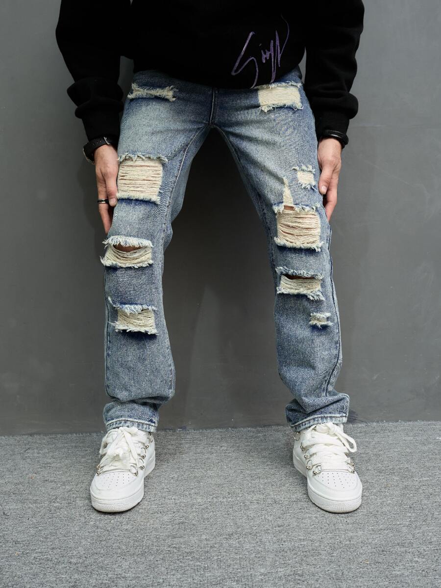 Manfinity EMRG Men Cotton Ripped Straight Leg Jeans Baggy Long Frayed ...