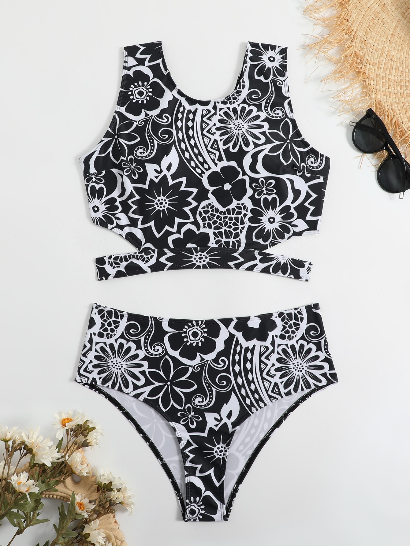 SHEIN Swim Vcay Floral Print Tankini Set Lace Up Back Tank Top & High ...
