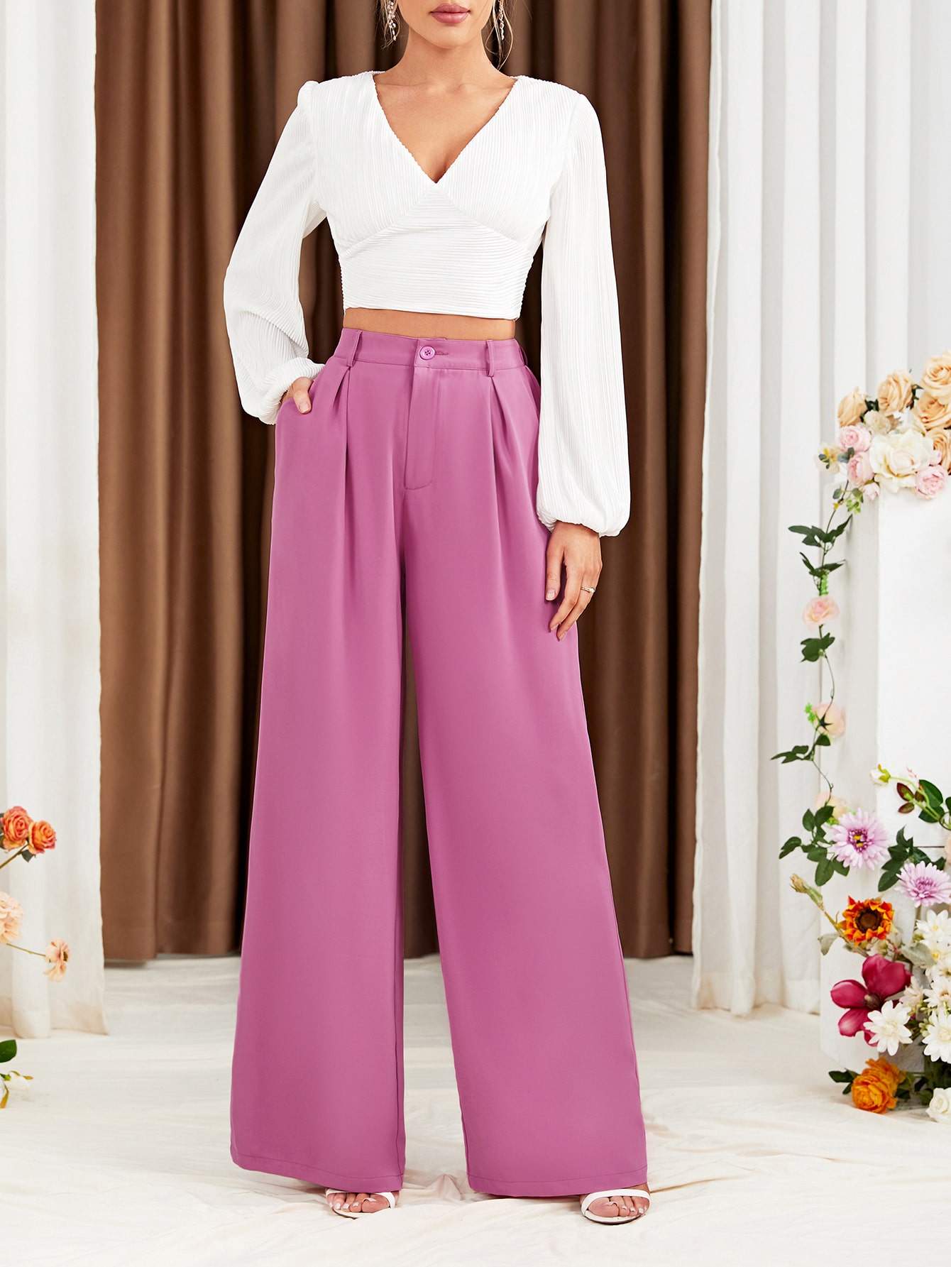 SHEIN Tall High Waist Plicated Detail Wide Leg Trousers | SHEIN UK