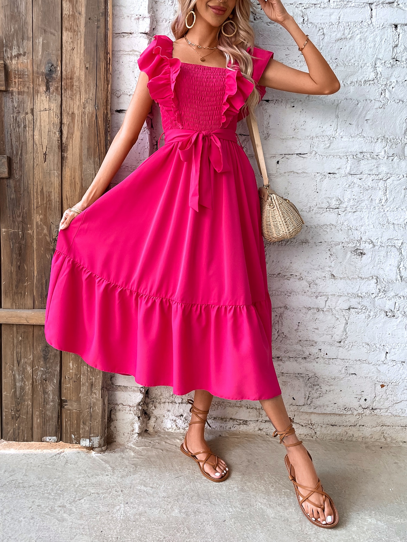 Shein Vcay Solid Shirred Detail Ruffle Hem Belted Dress Shein Usa
