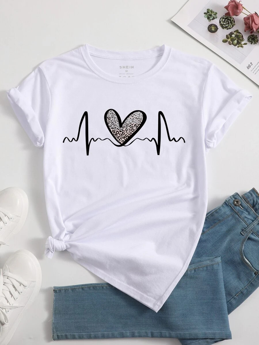 INAWLY Camiseta de cuello redondo con estampado de corazón, camisetas ...