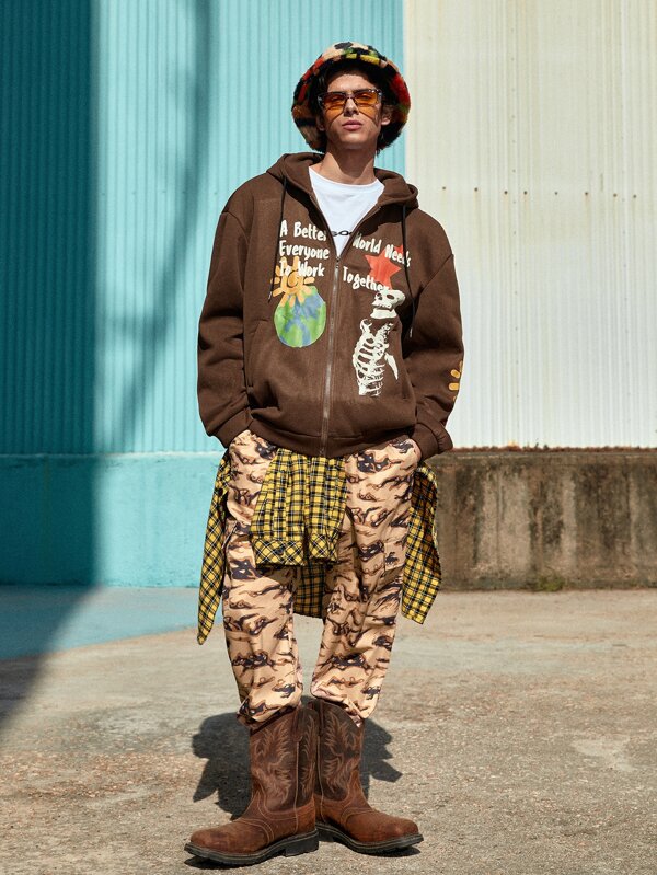 ROMWE Men Letter & Skeleton Print Zip Up Thermal Drawstring Hoodie ...