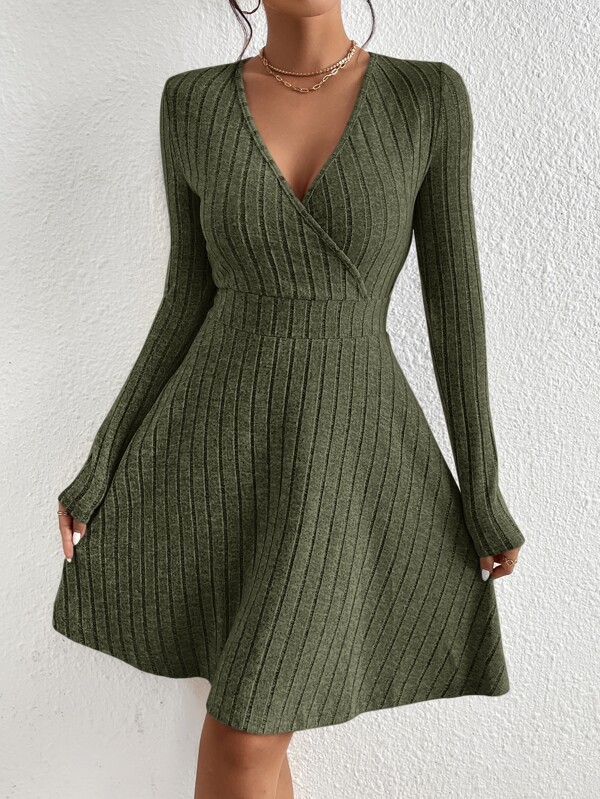 SHEIN Essnce Surplice Neck Ribbed Knit Dress | SHEIN USA
