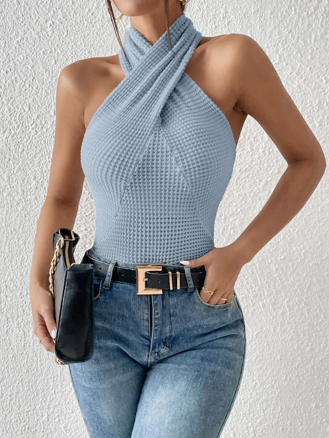 SHEIN Privé Solid Criss Cross Backless Halter Top | SHEIN USA