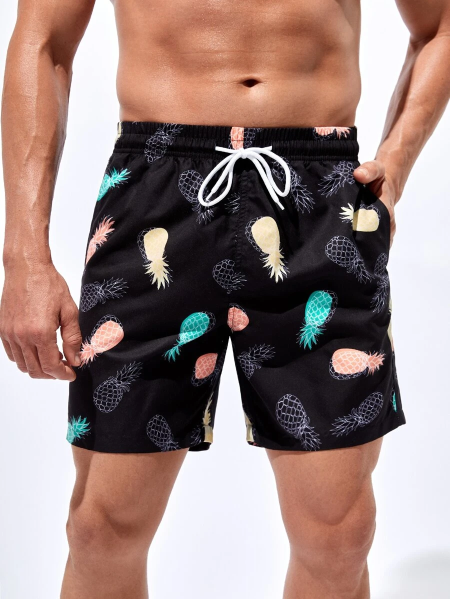 Manfinity Swimmode Men Pineapple Print Drawstring Waist Swim Trunks ...