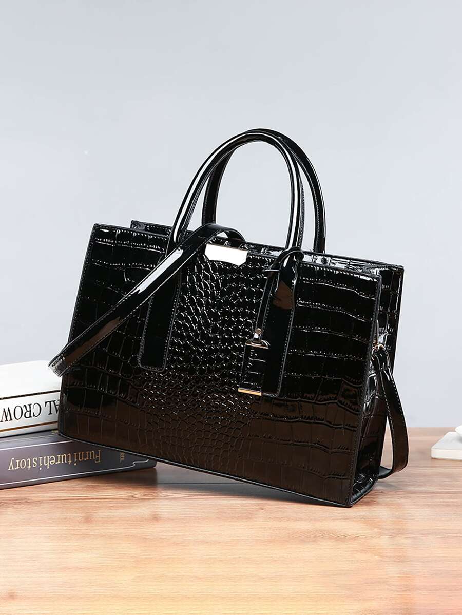 Crocodile Embossed Handbag, Trendy PU Top Handle Purse, Women's Solid ...