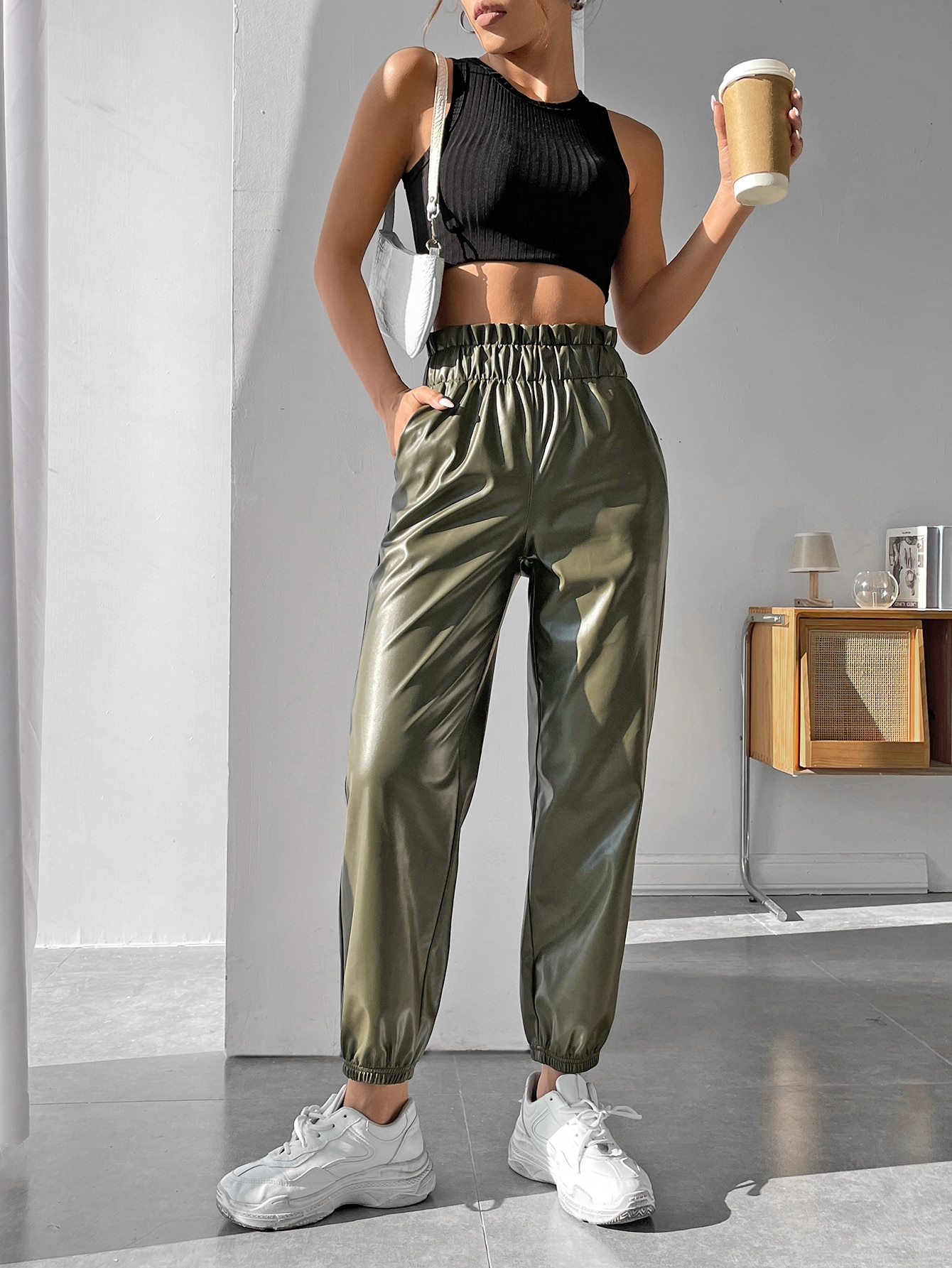 SHEIN PETITE Paperbag Waist PU Leather Trousers | SHEIN UK
