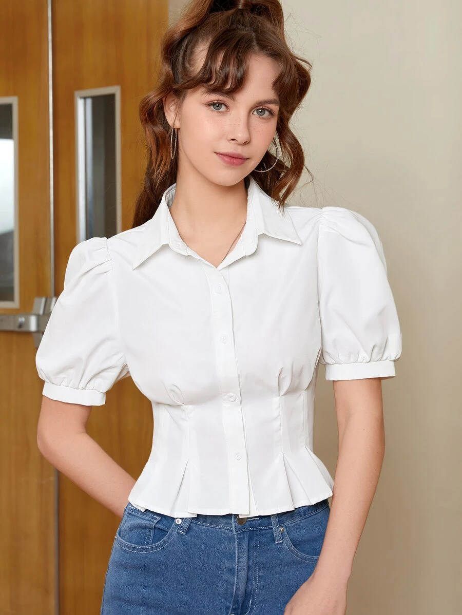 SHEIN MOD Puff Sleeve Fold Pleated Detail Shirt | SHEIN USA