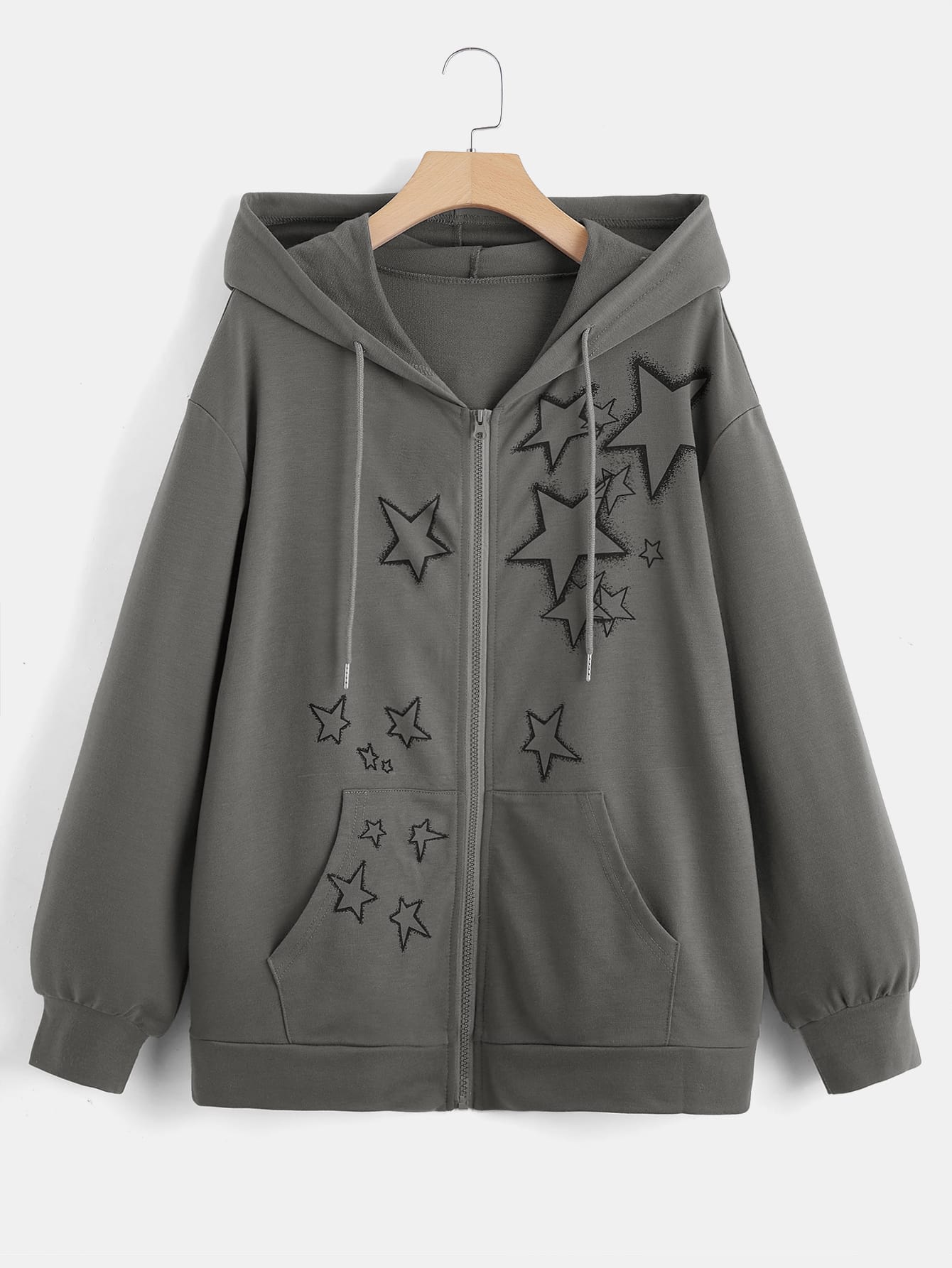 ROMWE Star Print Zip Up Drawstring Hoodie