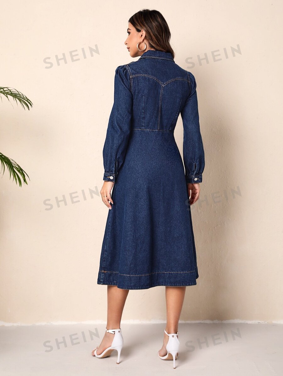 SHEIN Essnce Puff Sleeve Half Button Denim Dress | SHEIN UK