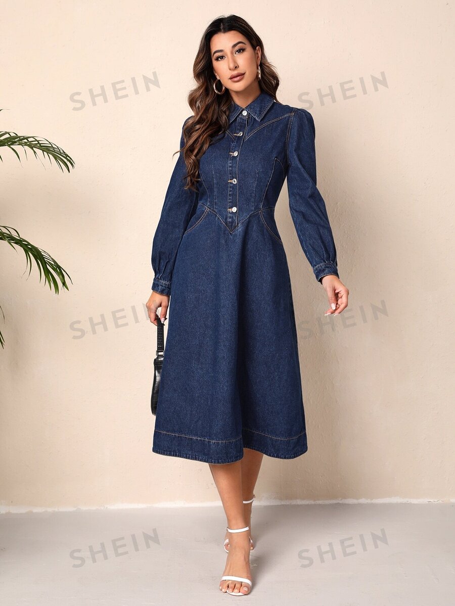 SHEIN Essnce Puff Sleeve Half Button Denim Dress | SHEIN USA