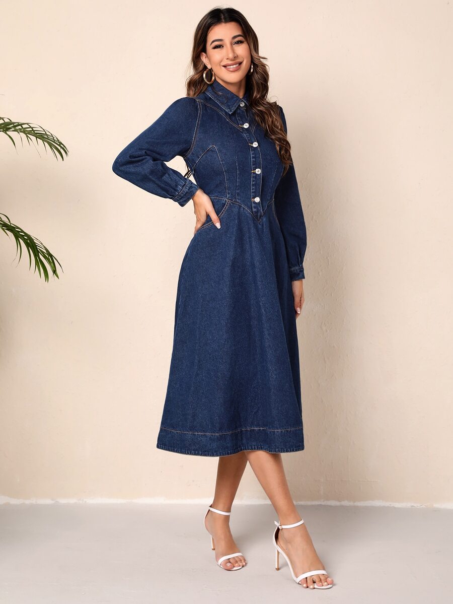 SHEIN Essnce Puff Sleeve Half Button Denim Dress | SHEIN UK