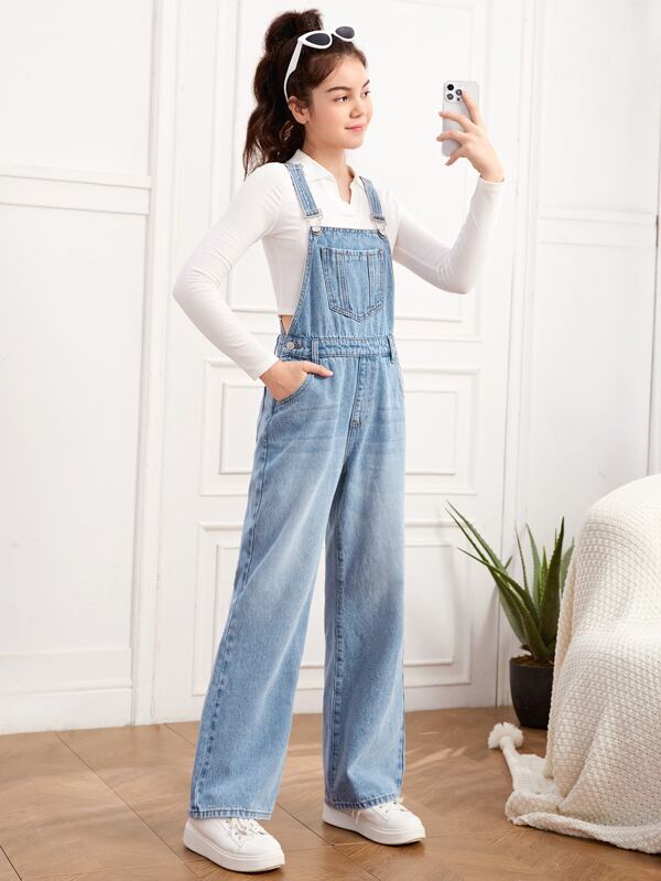 SHEIN Fille adolescente Salopette en jean à patch à poche (sans t-shirt ...