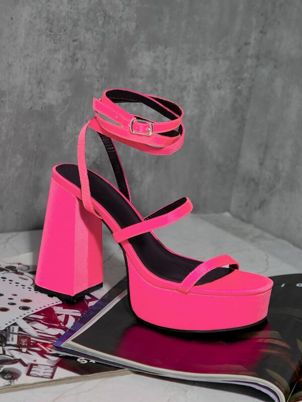 Women Double Strap Chunky Heeled Sandals, Funky Hot Pink Lycra Ankle ...