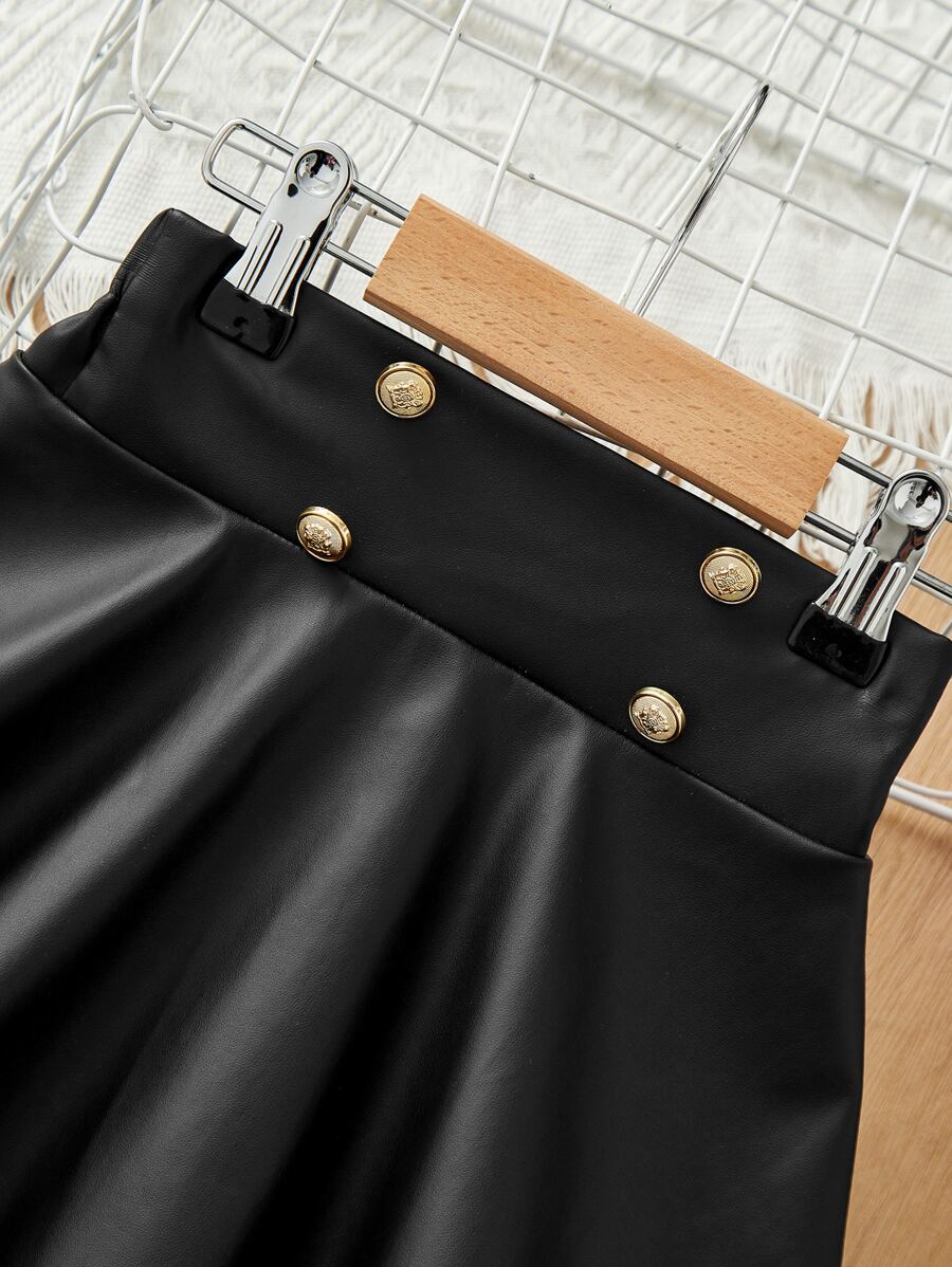 SHEIN Young Girl Button Detail PU Leather Flare Skirt for Sale Australia| New Collection Online ...