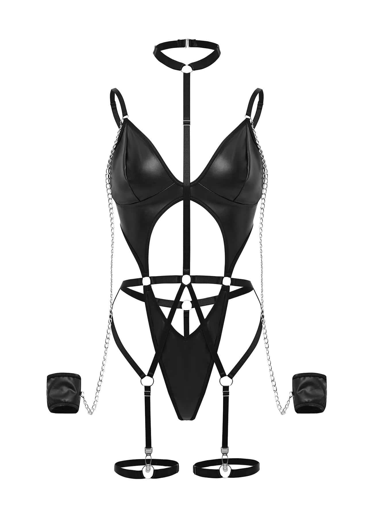 PU Ring Linked Harness Teddy Bodysuit With 1pair Leg Ring | SHEIN UK