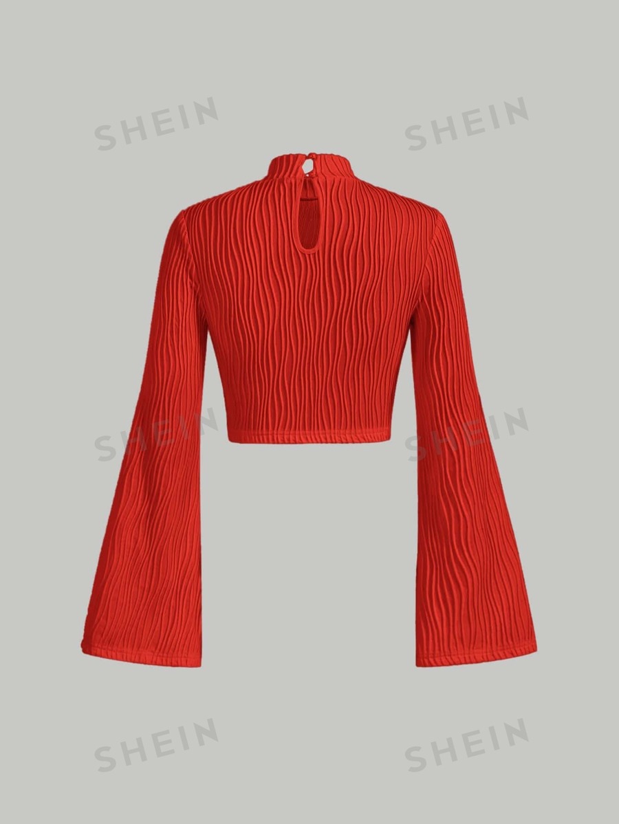 Shein Mod Textured Mock Neck Keyhole Back Flounce Sleeve Tee Shein Uk