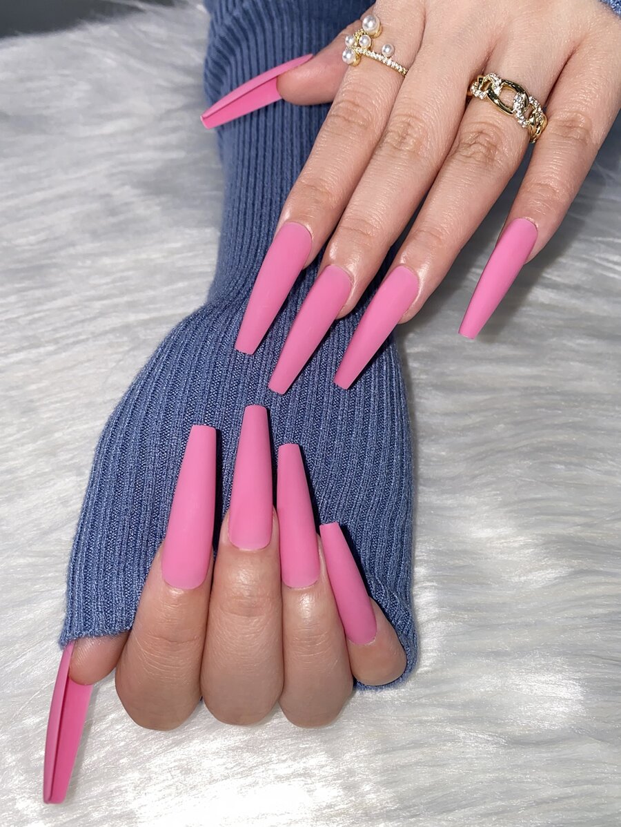 Elevate Your Style With 24pcs Long Coffin Pink Solid Matte Fake Nail