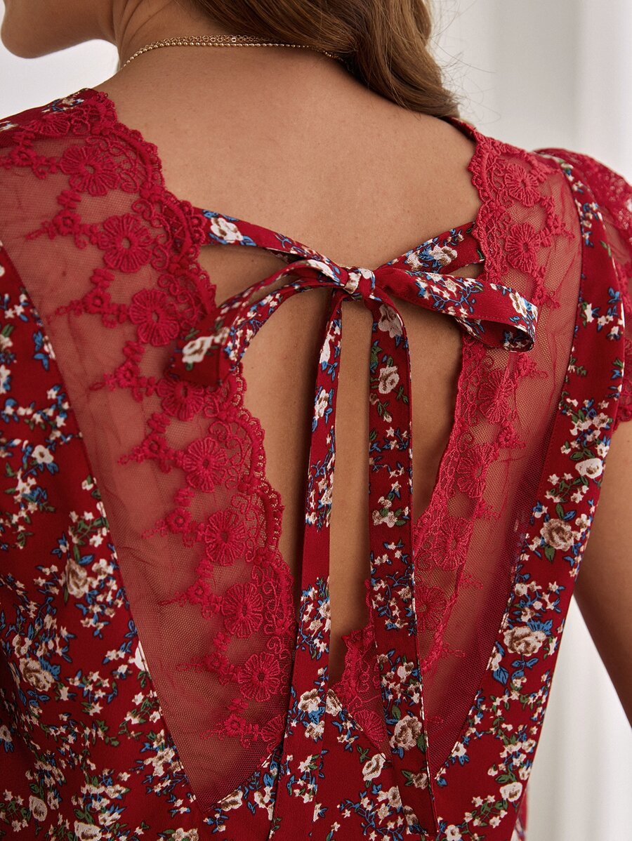 Shein Frenchy Blusa Con Estampado Floral Panel Con Encaje Moda De