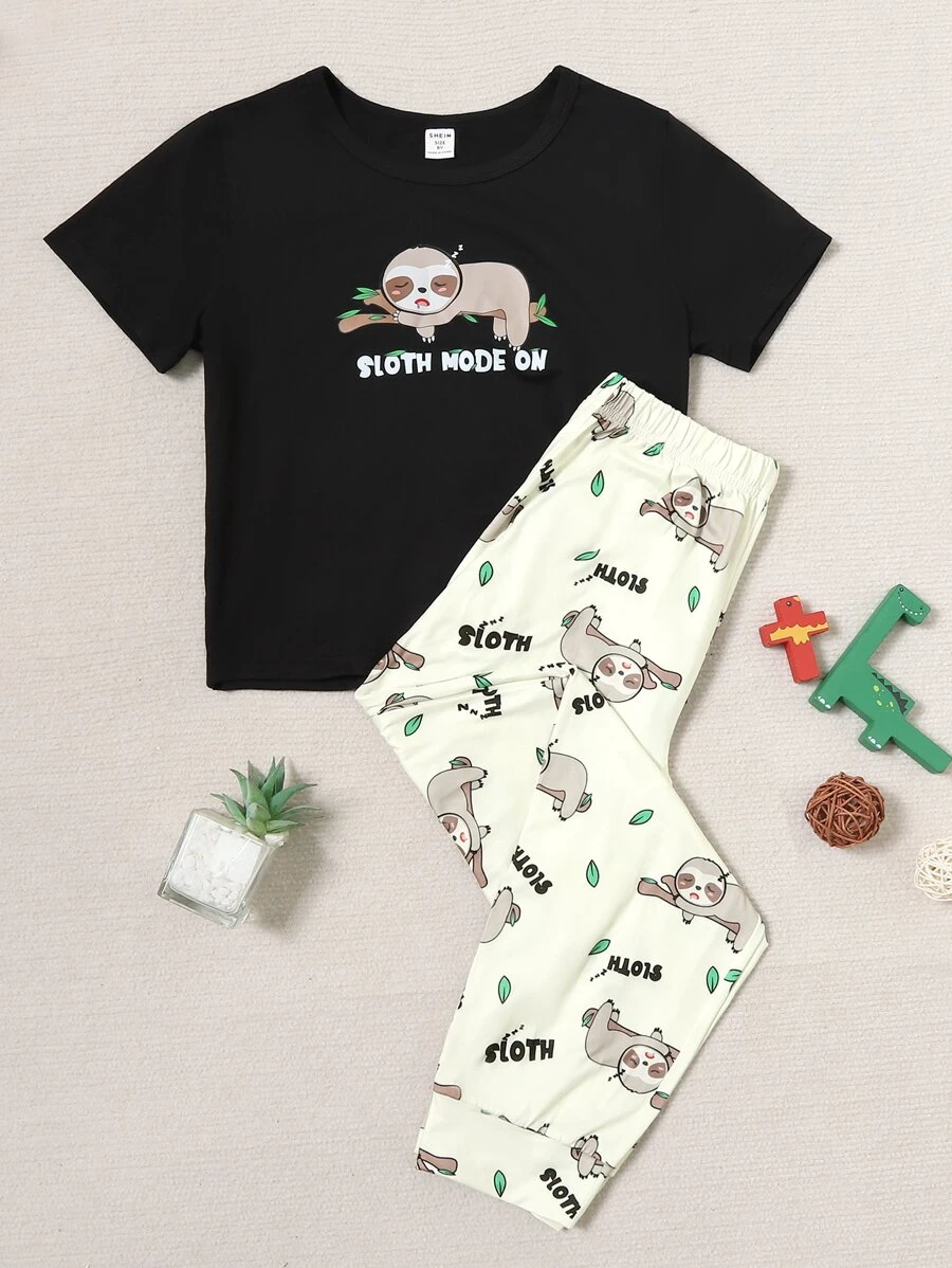 Girls Sloth & Slogan Graphic PJ Set | SHEIN UK