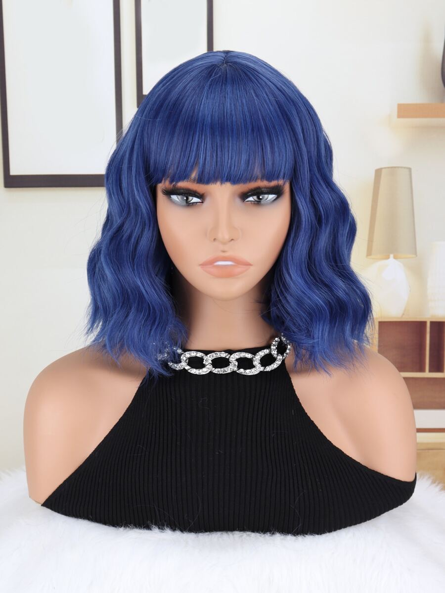 Peluca Corta Azul Con Flequillo, Peluca Sintética Azul Con Ondas Para ...