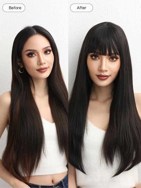 Clip In Long Straight Synthetic Hair Topper With Bangs | SHEIN UK