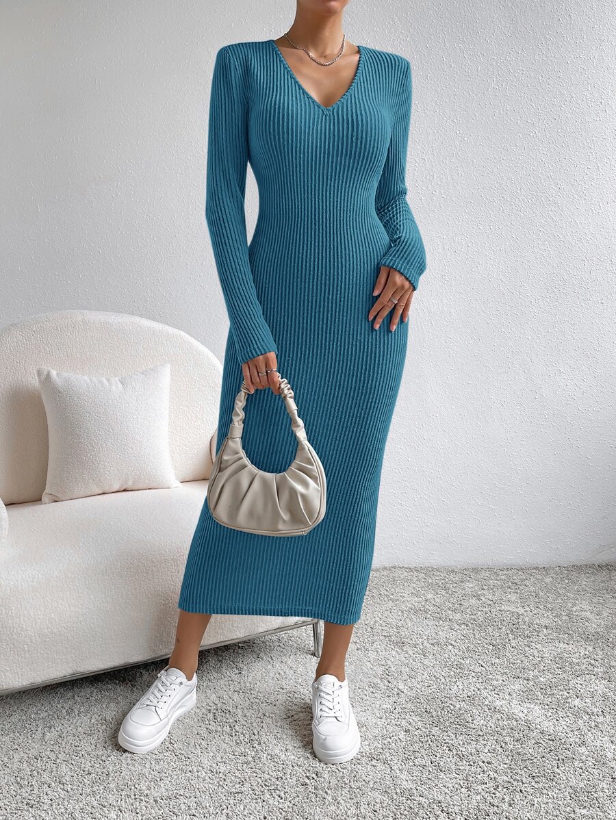 SHEIN Essnce Solid V Neck Ribbed Knit Bodycon Dress | SHEIN USA