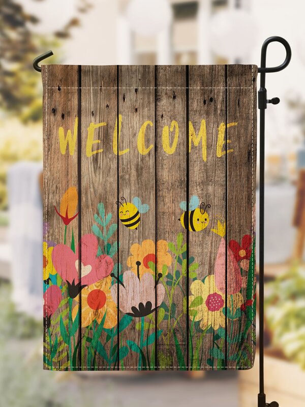 1pc Bee & Floral Pattern Flag, Cartoon Insect & Plant Print Garden Flag ...